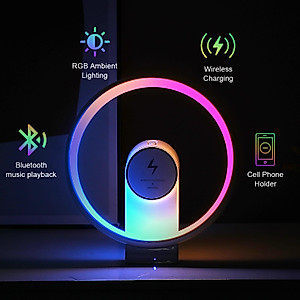 NOTIKS Bedside Lamp,Bluetooth Speaker Table Light with 15W Wireless Charger&USB Port,Phone Holder with Dynamic Color,3 Modes Brightness for Bedroom Nightstand lamp,Girls Boys Room Décor,Gift Ideas