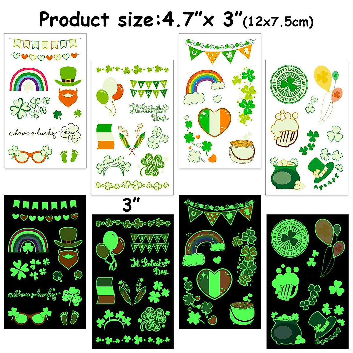 St.Patricks Day Tattoos, 12 Sheets Kids Glow in Dark Tattoos, 100+ Pcs St Patricks Day Stickers, St. patrick's Day Temporary Tattoos Shamrock, Amazing Irish St Patricks Day Decorations Party Favors