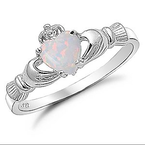Kriskate & Co. Irish Claddagh Ring .925 Sterling Silver with Simulated Lab Opal Heart Promise Ring Size 11