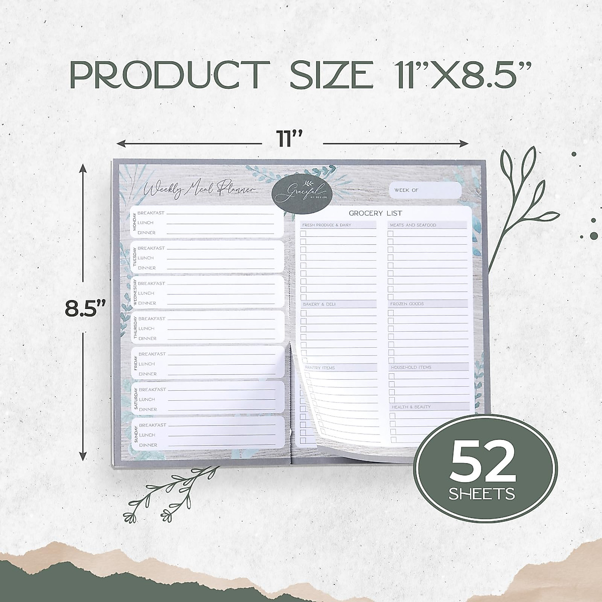 Graceful By Design Weekly Meal Planner and Grocery List Magnet Pad For Fridge or Wall - Weekly Menu Board For Kitchen and Meal Planner Magnetic with Tear-Off Grocery List Notepad - 8.5" x 11"