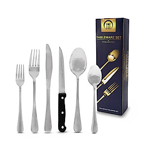 24 Piece Flatware Set Stainless Steel Flatware Set Fork Spoon Knife Steak Knife Cutlery Set for 4 People Dishwasher Safe (24 Pieces)