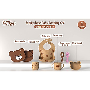 THE BABY BOUTIQUE Baby Led Weaning Supplies - 7 PCS Teddy Bear Silicone Baby Feeding Set : Suction bowl, Baby utensils, Plate, Bib, Snack cup and Drinking cup - Perfect Complement for Nutribullet Baby