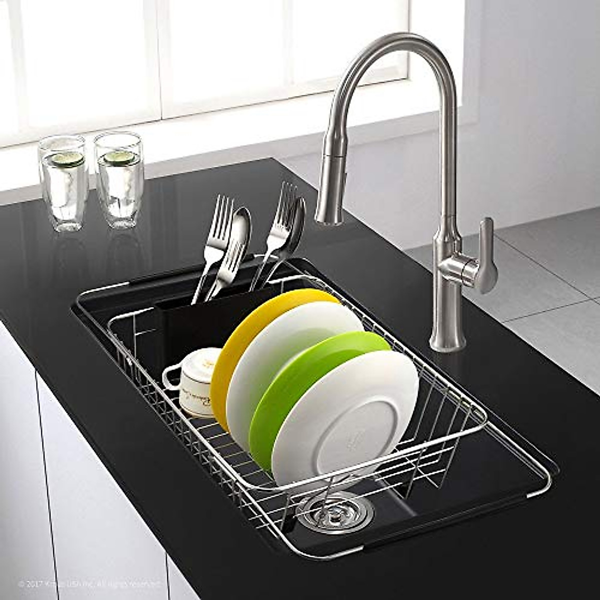 SANNO Over The Sink Dish Drainer Dish Drying Rack+Stackable Storage Baskets Cubby Bins for Kitchen