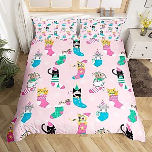 Erosebridal Christmas Cat Bedding Sets Twin Cute Animal Comforter Cover Kawaii Kitten Bed Sets Colorful Xmas Stocking Duvet Cover White Snowflake Quilt Cover for Kids Boys Girls Room Decor