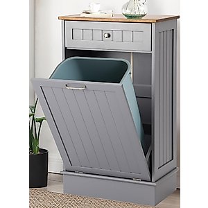 KIGOTY Tilt Out Trash Cabinet,Wooden Kitchen Trash Bin Holder Garbage Bin Recycling Cabinet Laundry Hamper with Solid Wood Countertop and Hideaway Drawer,Gray