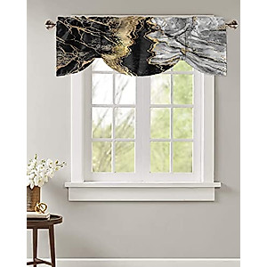 SIGOUYI Kitchen Curtains, Black White Gold Marble Valances for Windows, Short Curtains Rod Pocket Bathroom Curtains Window, Kitchen Window Curtains Over Sink, 60x18in Valances for Kitchen