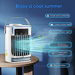 Quiet Mini Ac - 500ml Quiet Mini Air Conditioner, Aire Acondicionado Portatil para Cuarto with Blue Atmosphere Light, 3 Mist Modes | Mini Air Conditioner Fan for Room/Office/Camping/Table Car