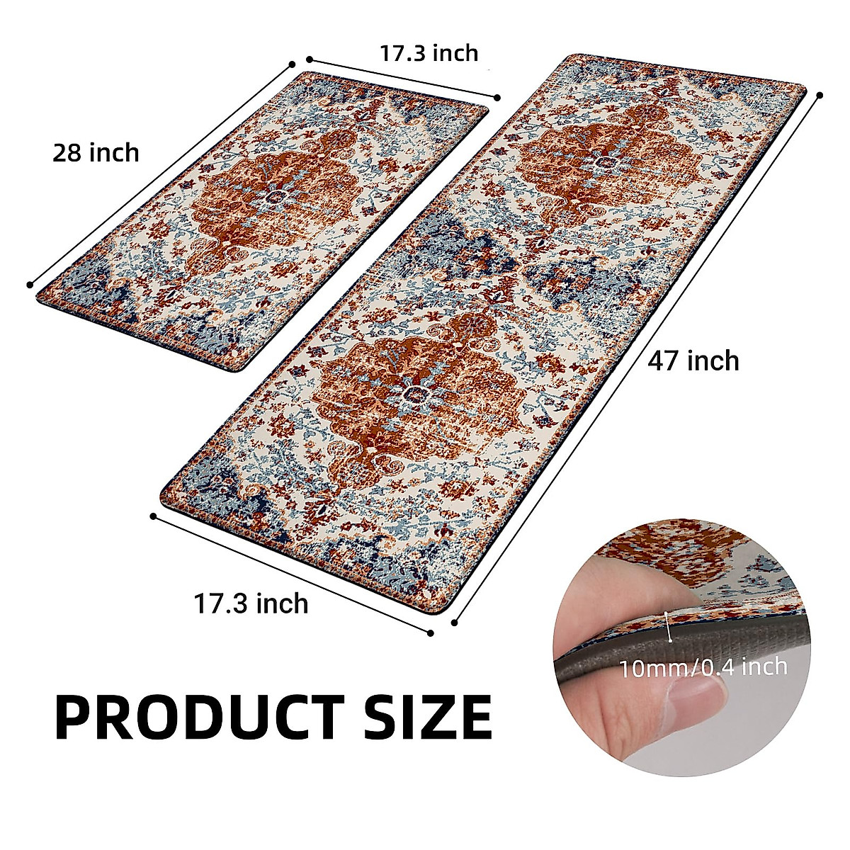 chiinvent Boho Kitchen Rugs Set of 2 Anti-Fatigue 0.4 Inch Thick Farmhouse Vintage Bohemian Kitchen Floor Mats Non Slip Waterproof Comfort PVC Mat Decor for Sink Laundry 17.3 x 28+17.3 x 47 Inch