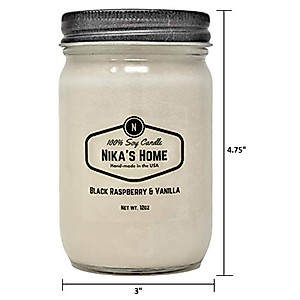 Nika's Home Black Raspberry & Vanilla Soy Candle 12oz Mason Jar Non-Toxic White Soy Candle-Hand Poured Handmade, Long Burning 50-60 Hours Highly Scented All Natural, Clean Burning Gift Décor