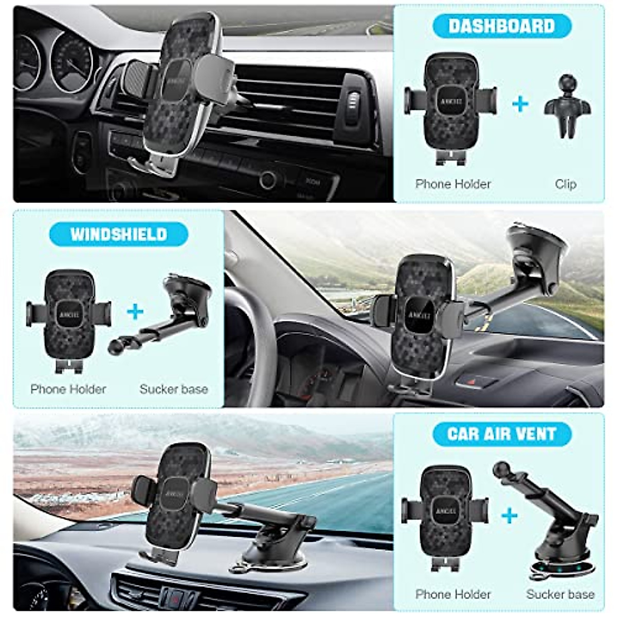Car Phone Holder Mount, Suction Cup Cell Phone Holder with Gel Pad for Dashboard Windshield Air Vent 3-in-1, Stable Universal Cellphone Mount Holder Compatible with iPhone, Samsung, Android Mobile