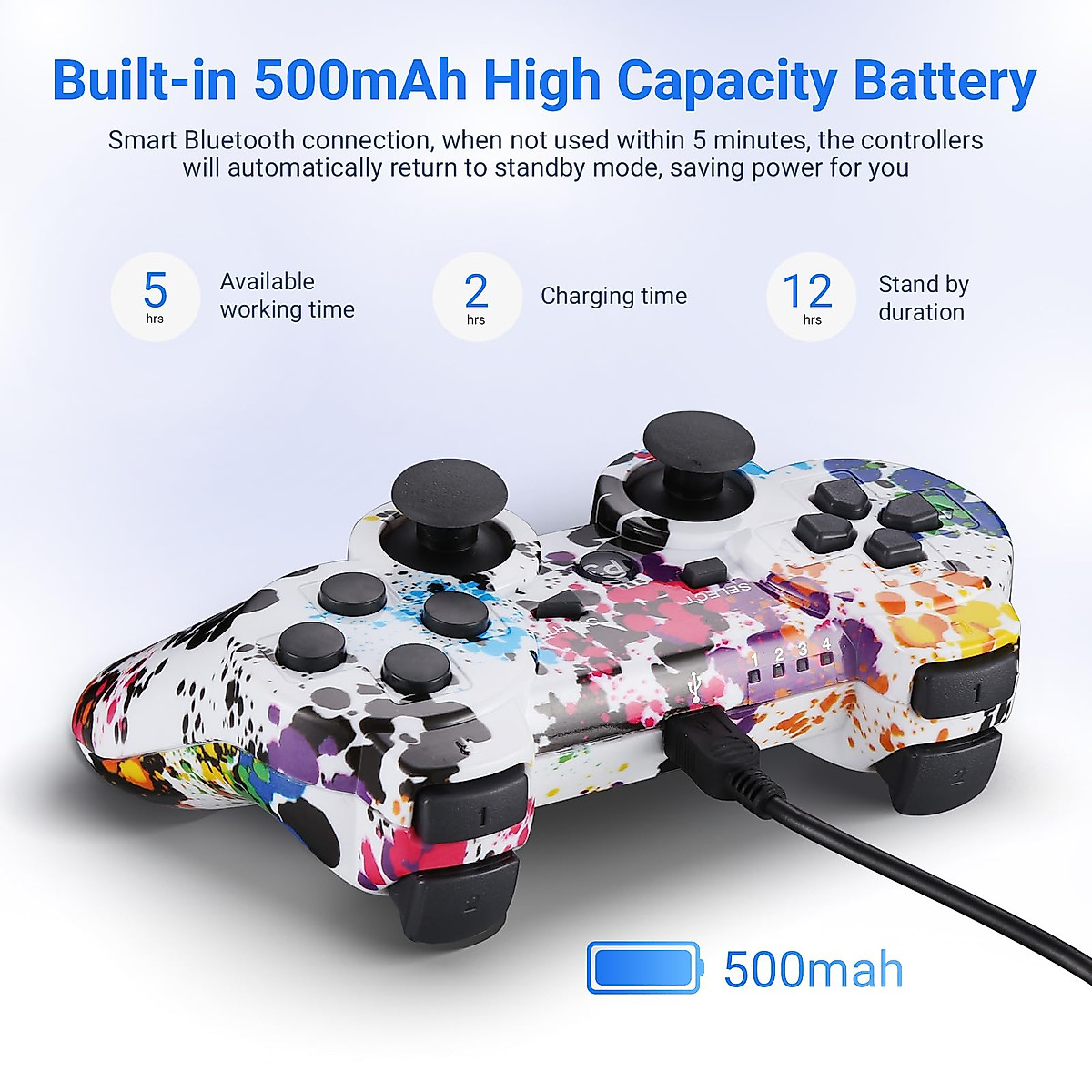 PS-3 Controller, 2 Pack Wireless Controller for PS3 for Sony Playstation-3, Double Shock, Bluetooth Connection, Rechargeable, Motion Sensor, Upgraded Remote Gamepads for PS3, 2 x USB Charging Cords