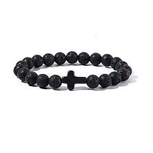 Caiyao 8MM Ornament Lava Volcanic Stone Beads Turquoise Cross Elastic Stretch Bracelet Religion Bangle for Women Men-Black