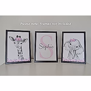 Personalized Safari Animals for Baby Girls Nursery Bedroom Unframed Set of 3 Poster Prints, Personalized Name Pink Purple Flowers Wall Art Decor New Baby Gift Present, Elephant Giraffe Panda Zebra Lion (8x10)