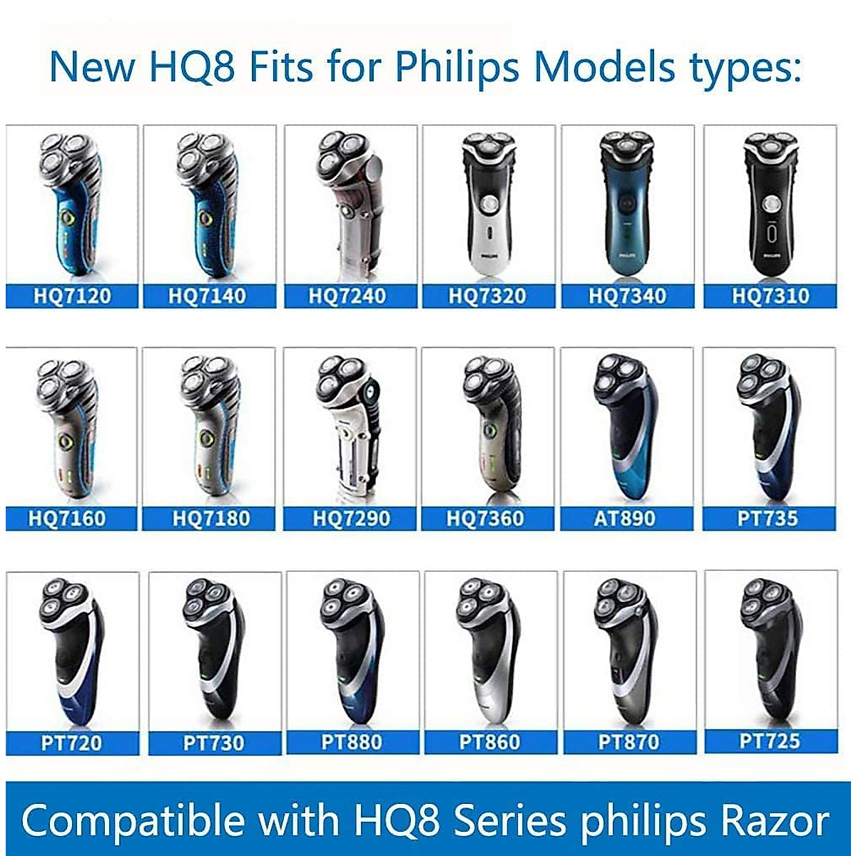 HQ8 Replacement Heads for Philips Norelco Aquatec Shavers, Razor Blades for PT720 AT880 AT810 Heads, HQ8 Blades, 6-pc pack