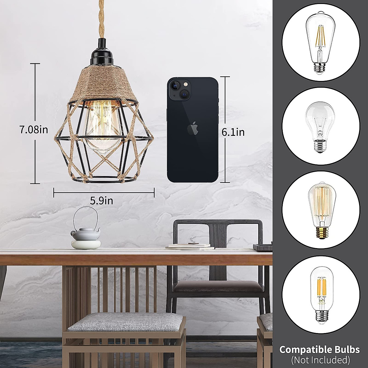 Industrial Plug in Pendant Light - 16.4ft Hanging lights with Plug In Cord Hemp Rope Hanging Lamp Farmhouse Hanging Light Fixtures with On/Off Switch for Kitchen Island Bedroom Living Room
