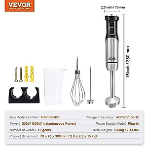 VEVOR Immersion Blender, 12-Speed Heavy Duty Immersion Blender, 800W Instantaneous PowerStainless Steel Blade Copper Motor Hand Mixer, Portable Mixer with Measuring Cup, Whisk, Milk Frother