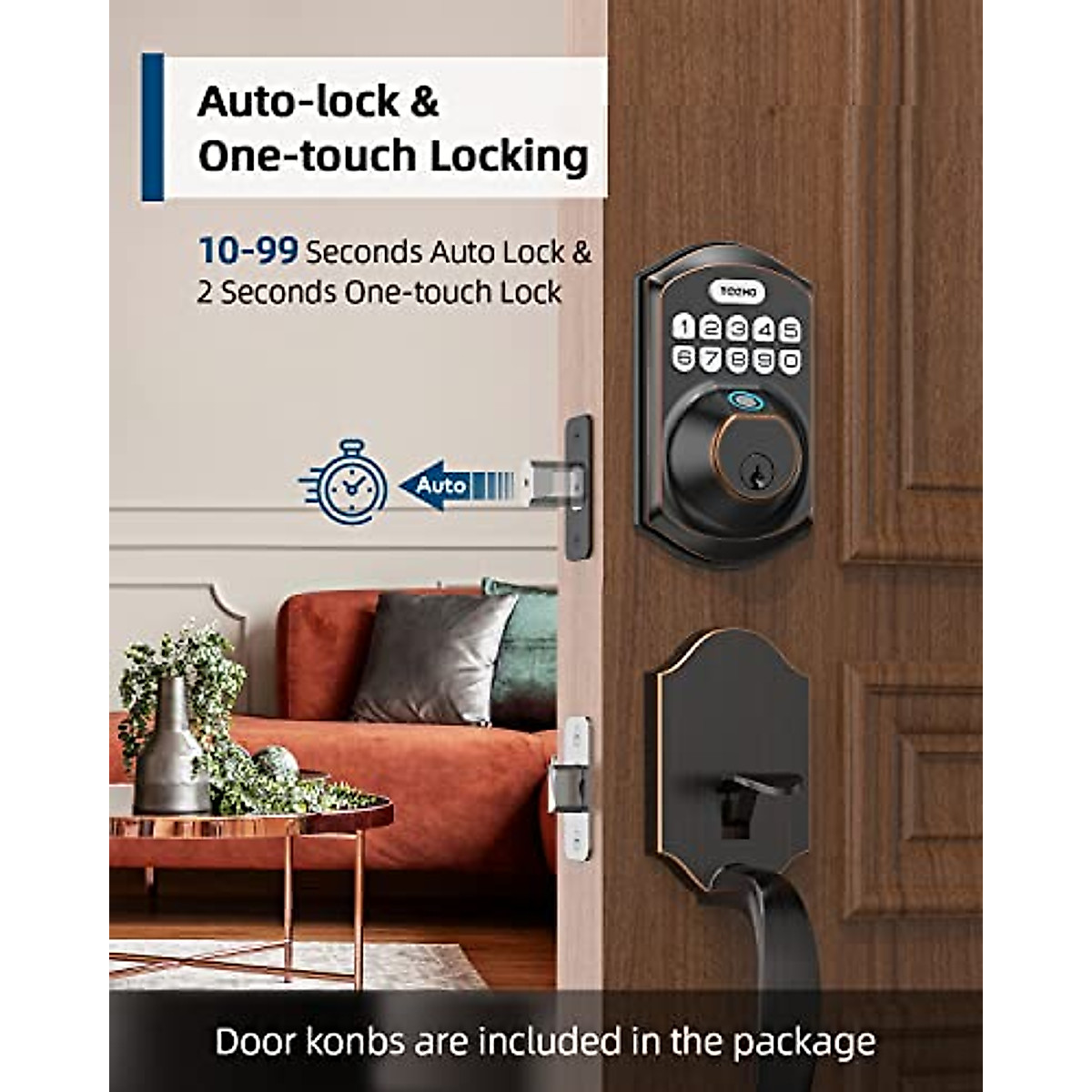 Fingerprint Keyless Entry Door Lock with Handle - TEEHO TE002H Smart Keypad Deadbolt Set for Front Door - 0.3s Biometric Identify - Auto Lock - IP54 Waterproof - Oil Rubbed Bronze