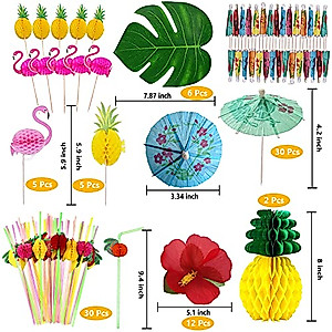 Tropical Luau Party Decorations Set Hawaiian Beach Theme Party Favors Luau Party Supplies with 9ft Luau Grass Table Skirt, Palm Leaves, Hibiscus Flowers, 3D Fruit Straws, Flamingo and Pineapple Décors