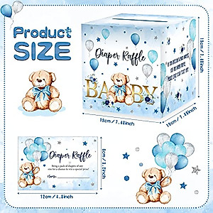 50 Pieces Diaper Raffle Tickets with Baby Shower Games Box Bear Baby Shower Game Insert Card Blue Diaper Raffle Sign Box Holder for Bear Baby Shower Gender Reveal Birthday Party Game Supplies