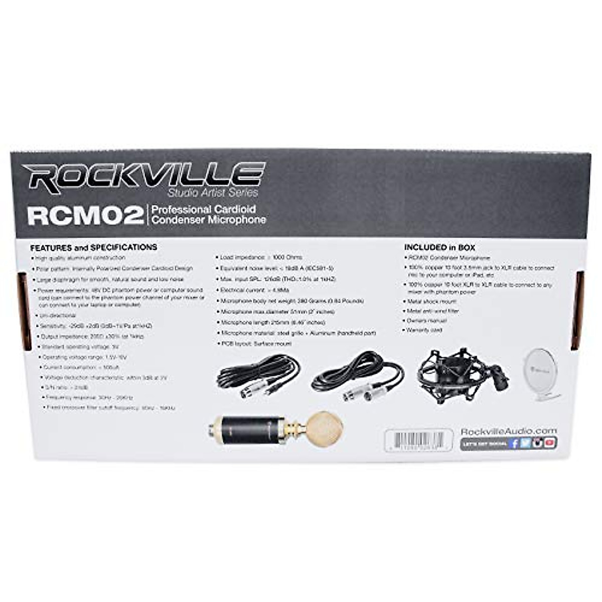 Rockville RCM02 Pro Studio Recording Condenser Microphone Mic+Metal Shock Mount, Black