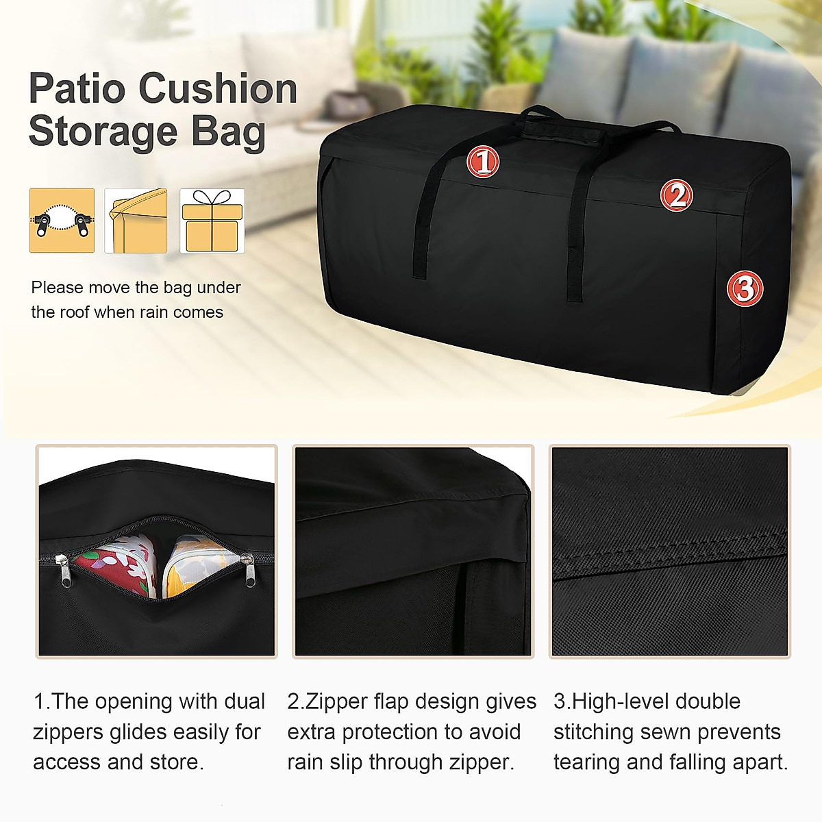 Porch Shield Outdoor Cushion Storage Bag 62 inch Waterproof Outside Storage Bags for Patio Furniture with Zippers and Handles Black