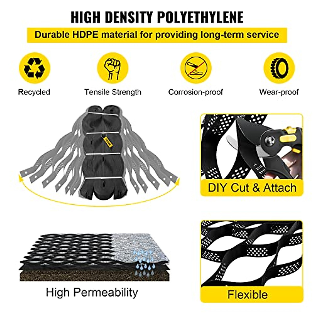 Happybuy Geo Grid Ground Grid 9x17 ft, Geo Cell Grid 2 Inch Thick, Gravel Grid HDPE Material, Ground Stabilization Grid 1885 LBS Per Sq, Tensile Strength Gravel Ground Grid for Slope Driveways, Garden