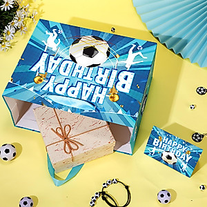 Soccer Birthday Gift Bag for Boys, Blue Soccer Wrapping Paper Favors Bags with Tissue Paper Card Large Soccer Ball Birthday Goodie Treat Bags for Sport Theme Baby Shower Party Decorations Supplies
