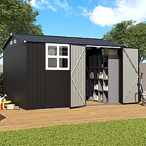 Verano Garden 10x8FT Outdoor Storage Shed, Large Galvanized Steel Metal Garden Shed with Window, Lockable Double Door, Outdoor Tool Shed for Backyard, Patio, Lawn(113.39"x98.03"x77.56")