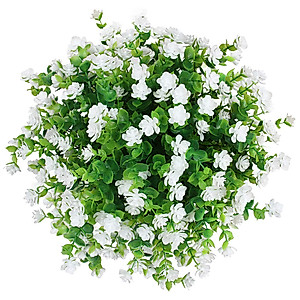 Flojery 6Pcs Artificial Flowers UV Resistant Fake Flower Greenery Eucalyptus Plants with Flower for Porch Window Box Home Garden Decor (White)