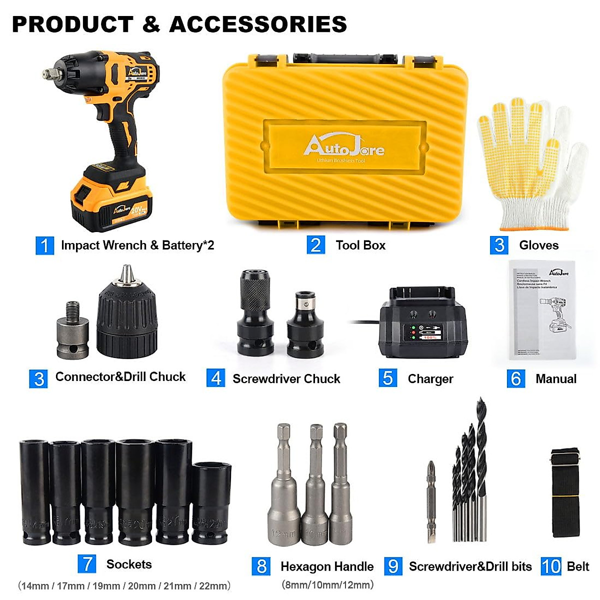 AUTOJARE Cordless Impact Wrench 1/2 inch 479 Ft-Lbs(650 N.m) Brushless Power Impact Wrenches 3 In 1 Electric Impact Wrench With 2 x 4.0A Battery, 6 Sockets, 5 Drill, 3 Screw, Fast Charger