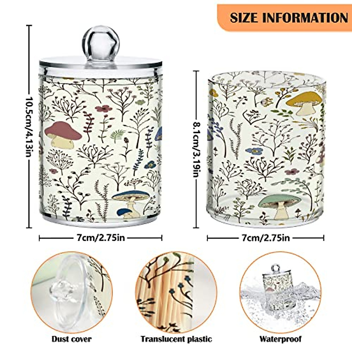 xigua 10 oz Qtip Holder Dispenser with Lids Mushroom Clear Plastic Jar Set for Cotton Ball, Cotton Swab, Cotton Round Pads, Floss (4PCS)#348