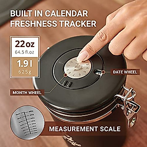 Coffee Canister Airtight Coffee Container - Stainless Steel Coffee Storage for Beans, Grounds, Tea, Sugar - Coffee Containers with Date Tracker, Scoop, CO2 Valve Filters, Large Coffee Jar 16oz, Black
