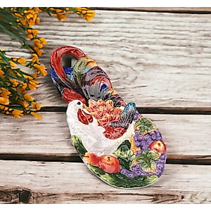 Fine Ceramic Colorful Farmhouse Country Rooster with Fruits Design Spoon Rest, 7 1/2" L