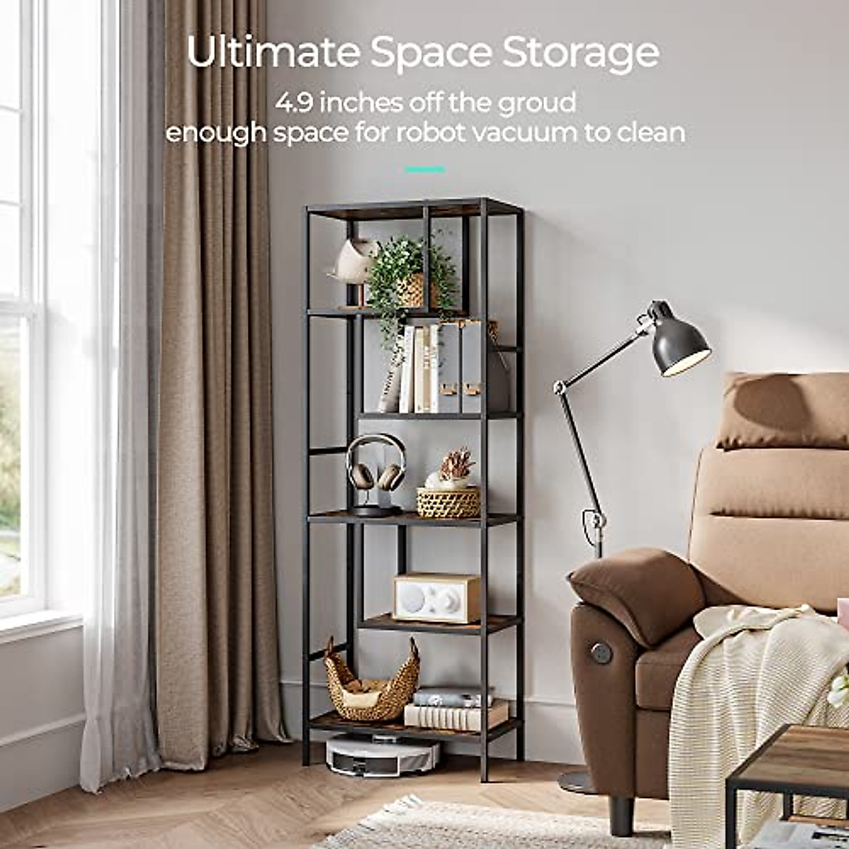 LINSY HOME 5-Tier Bookshelf, 68 Inches Metal Industrial Bookcase, Display Rack with Steel Frame, Storage Rack Shelf for Office, Bathroom, Living Room, Rustic Wood