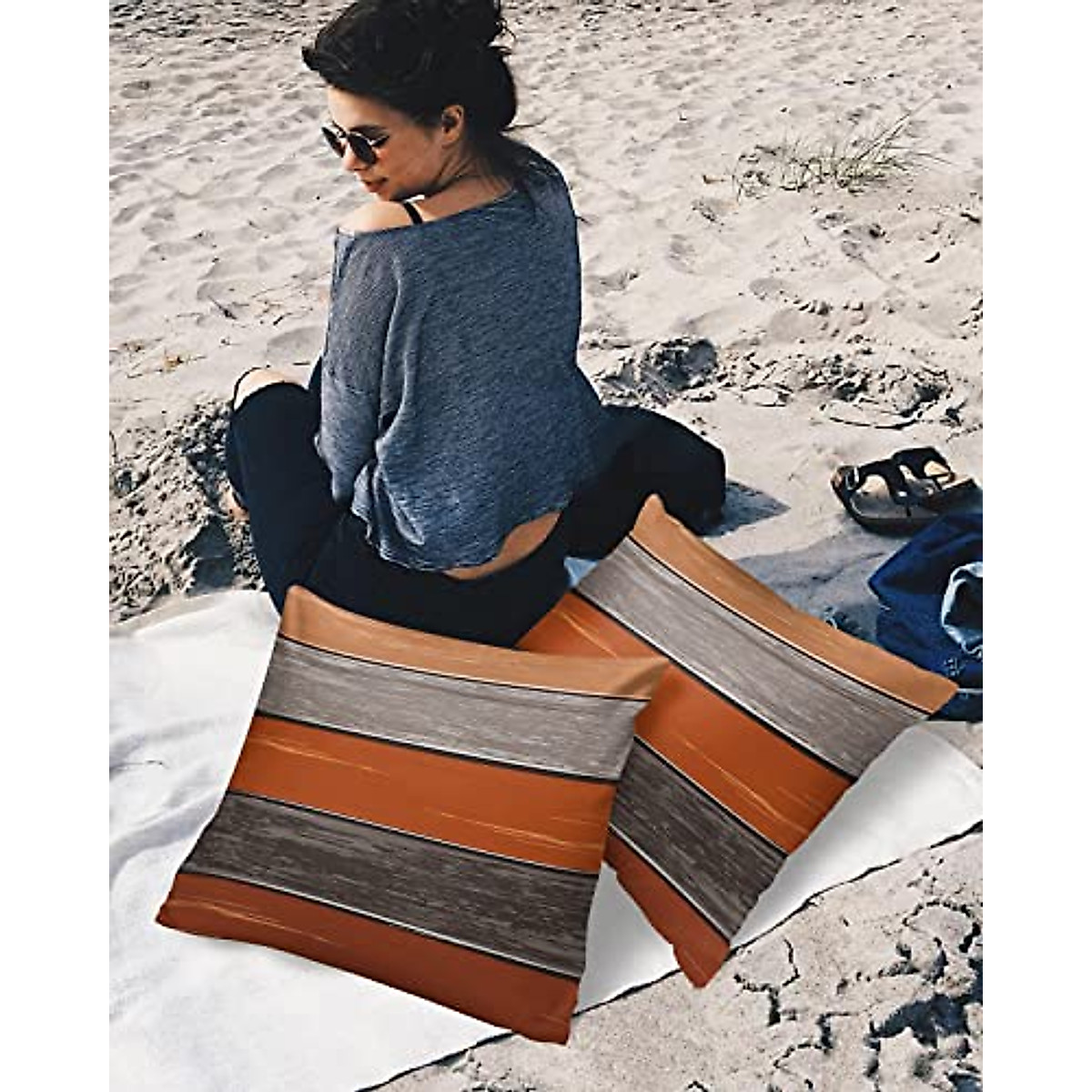 Outdoor Waterproof Pillow Covers for Patio Furniture Wooden Board Decorative Throw Pillow Cover Autumn Orange Ombre Wood Grain Pillowcases Set of 2 Cushion Case for Sofa Couch Chair 16 x 16 in