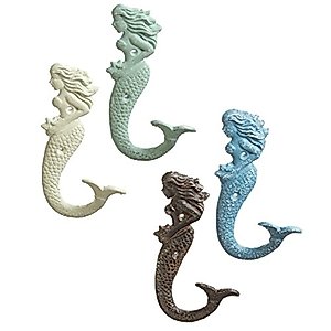 4 Mermaid Cast Iron Wall Hooks