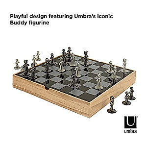Umbra Buddy Chess Set For Kids & Adults – Modern Original Chessboard Game Made of Metal With Nickel & Titanium Finish – Measures 13 x 13 by 1 ½ Inch (33 x 33 x 3.8 cm) - Velvet Bottom for Easy Moving
