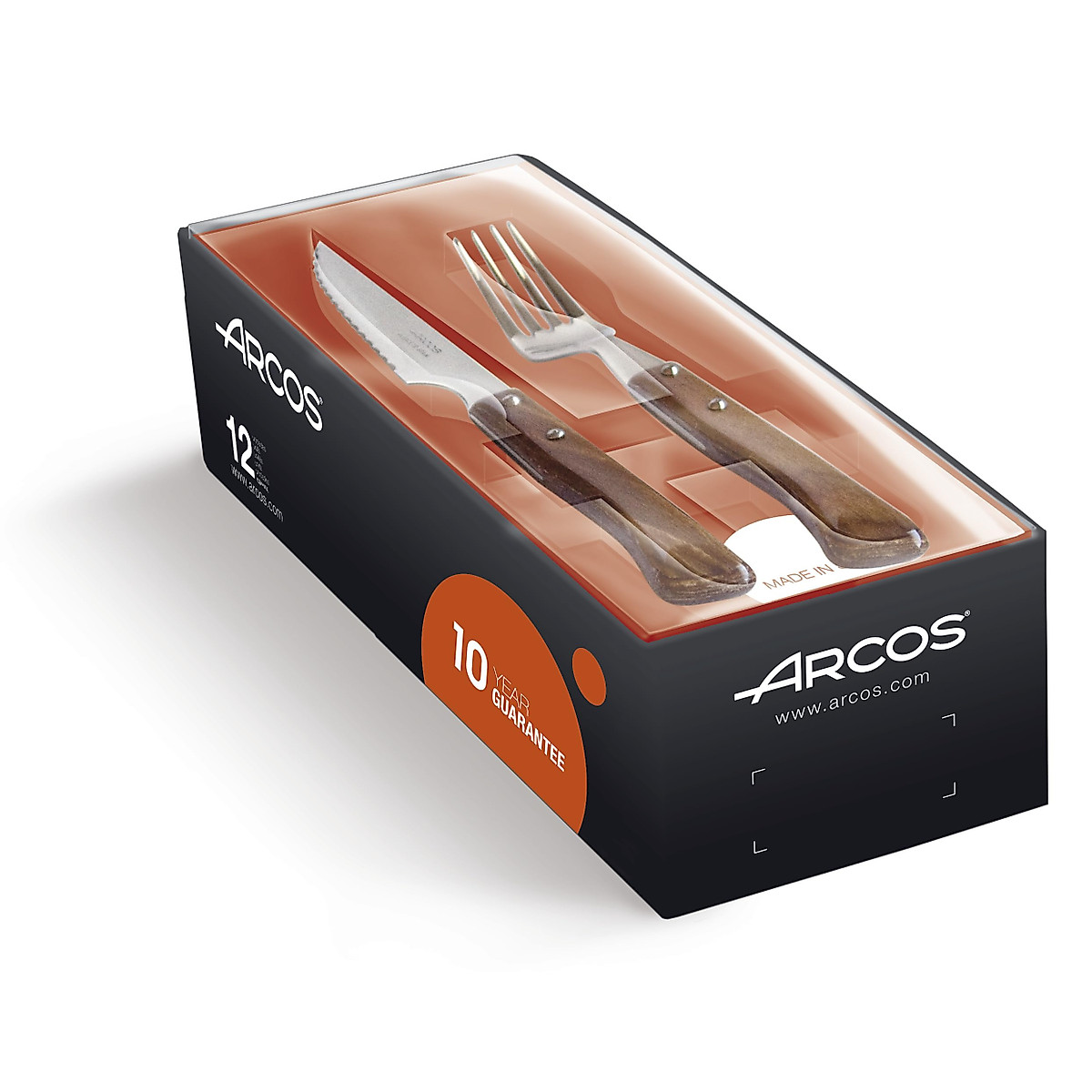Arcos Steak Set 12 pieces 4 Inch Nitrum Stainless Steel. Ergonomic Polyoxymethylene POM Handle and 110 mm knife Blade. Pocket Knife Pack with Pearl Edge for Cutting Meat. Series Mesa. Color Brown