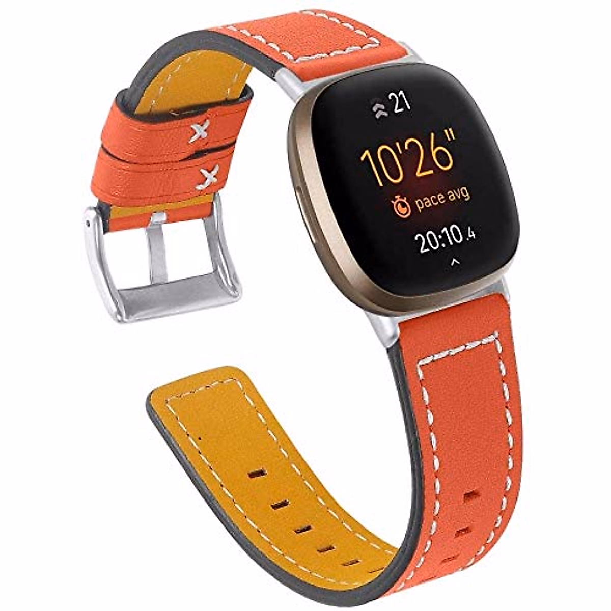 Jennyfly Women Leather Band for Fitbit Versa/Versa 2/Versa Lite, Slim Leather Band Replacement Strap Wristband Adjustable 5.5-7.8 inch for Women Men - Orange