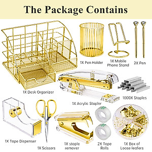 NiOffice Gold Desk Organizer Set with Acrylic Accessories - Includes Stapler, Tape Holder, Pen Holder, Scissors, Phone Holder, Binder Clips, Staple Remover and 1000 Staples