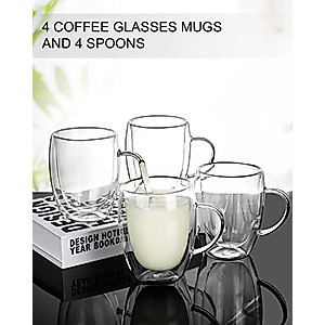 LIBWYS 4 Pack Double Walled Coffee Cups Glasses Mugs, 12oz Espresso Cappuccino Latte Tea Cups with Handle, Heat Resistant Borosilicate Clear Glasses 350ml