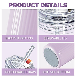 Puraville 14 oz Coffee Tumbler with Lid and Straw, Stainless Steel Insulated Travel Coffee Mug with Lid, Reusable Skinny Tumbler Cup for Women and Men,Lilac