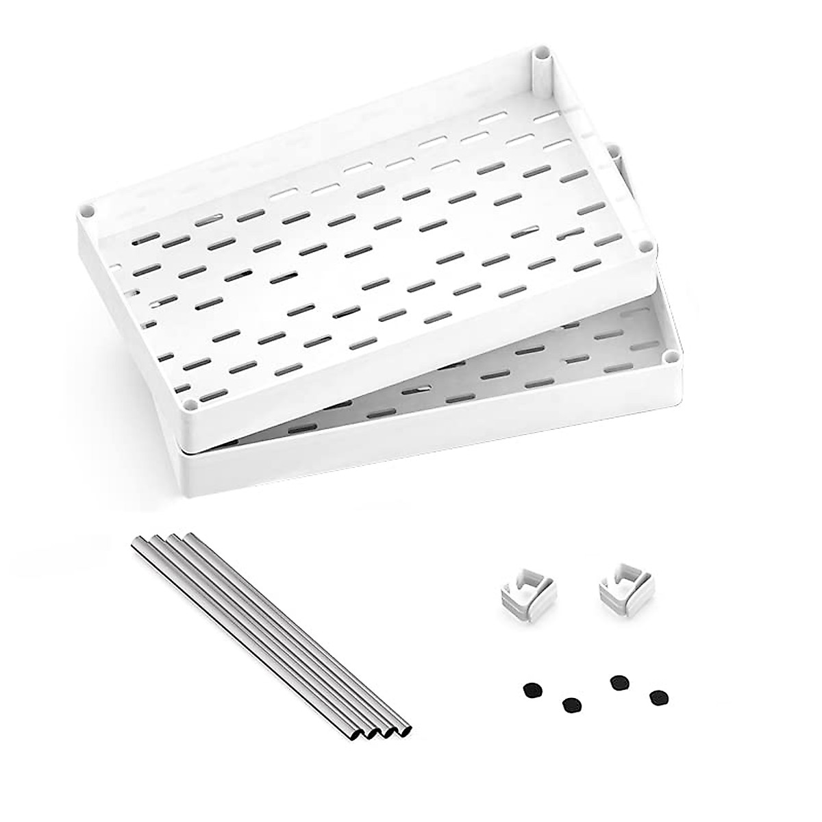 Longzhuo Under Sink Organizer, 2 Tier Under Bathroom Cabinet Organizer with 4 Hooks,Multi-Purpose Storage Shelf for Kitchen Bathroom,White