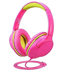 POWMEE Kids Headphones Over-Ear Headphones for Kids/Teens/School with 94dB Volume Limited Adjustable Stereo 3.5MM Jack Wire Cord for Fire Tablets/Travel/PC/Phones(Rose Red)