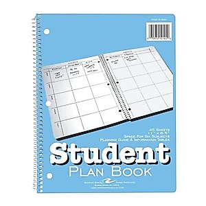 Roaring Spring Student Plan Book, 40-Weeks: Six-Subject Day, Blue/White Cover, (100) 11 x 8.5 Sheets