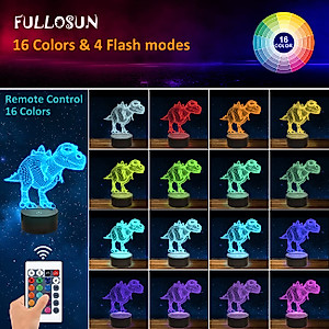 FULLOSUN Night Light for Kids Dinosaur T-rex 3D Night Light Bedside Lamp 16 Colors Changing with Remote Control, Xmas Halloween Birthday Gift for Child Baby Boy