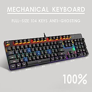 Alkem Mechanical Gaming Keyboard with Rainbow Backlit 104 Keys Gaming Keyboard USB Wired Keyboard with Blue Switch Anti-Ghosting Full Size Keyboard for Windows PC MAC Games (Black)