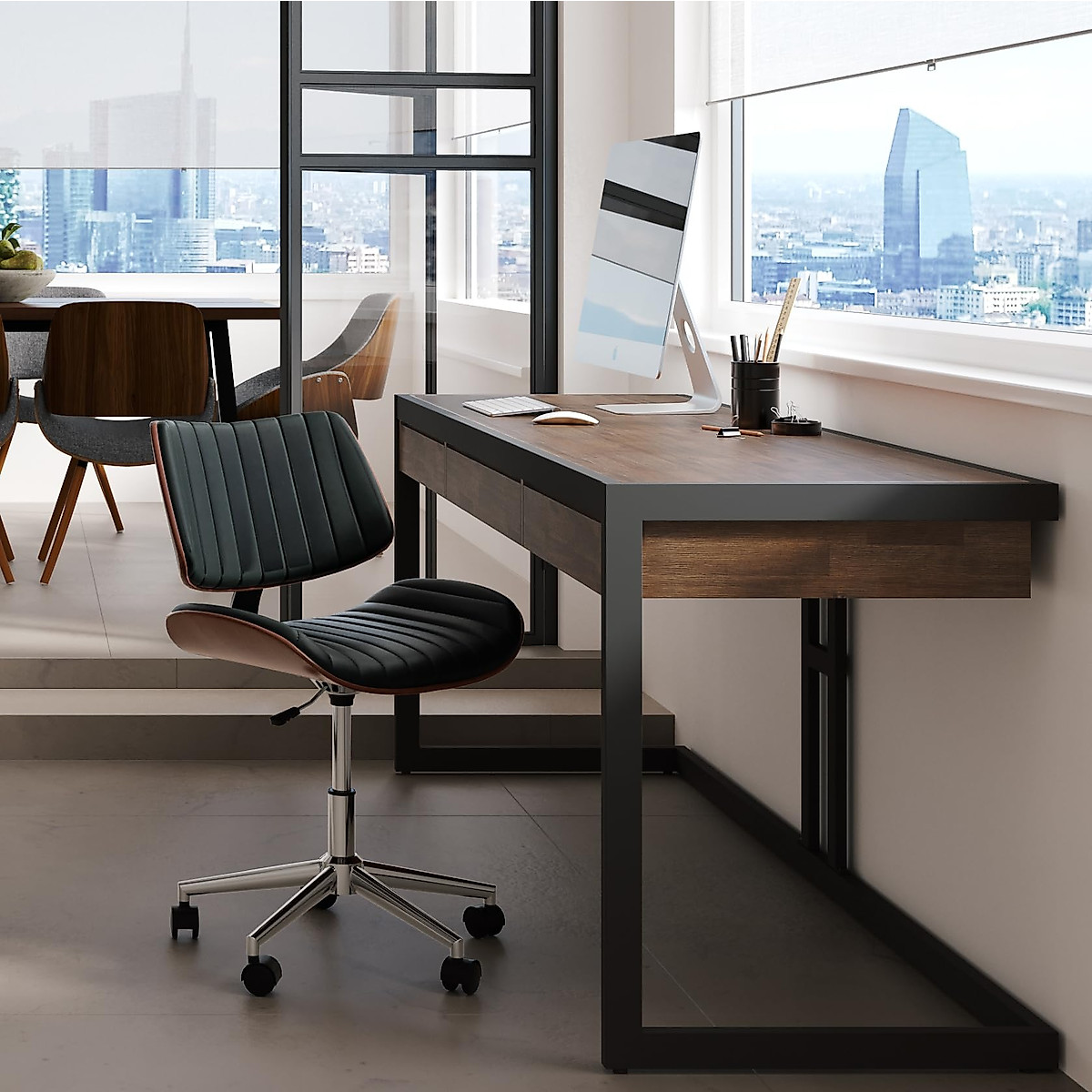 SIMPLIHOME Chambers Swivel Adjustable Executive Computer Office Chair in Distressed Black Faux Leather, for the Office and Study, Contemporary