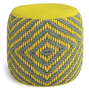 SIMPLIHOME Kent Boho Round Woven Outdoor/ Indoor Pouf in Grey and Yellow Recycled PET Polyester for the Living Room, Family Room, Bedroom and Kids Room