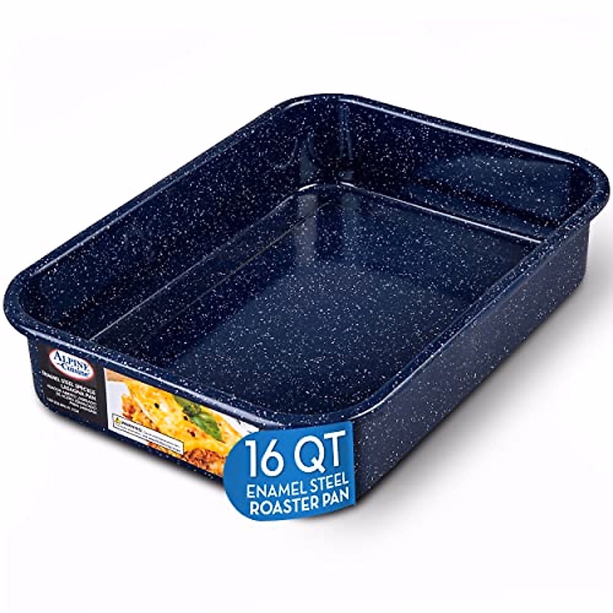 Alpine Cuisine Enamel Steel Dark Blue Speckle Roaster/Baking Pans Nonstick, 16Qt Roasting Pan, Suitable for Turkey, Roast Chicken, and Ham, Durable & Versatile, Lightweight, Dishwasher Safe